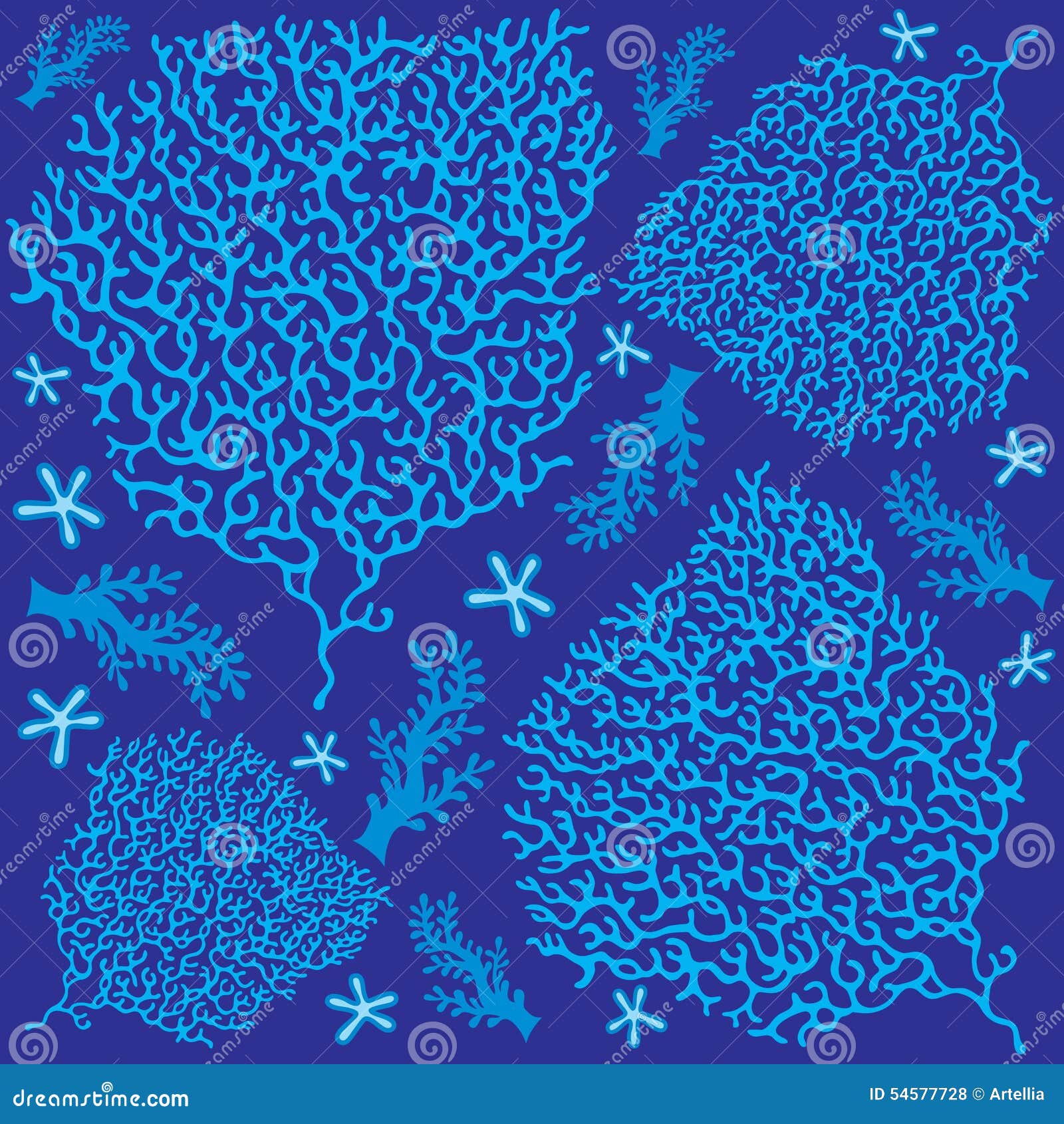 Coral Pattern in Blue Colors - Foliage and Stars Stock Vector ...
