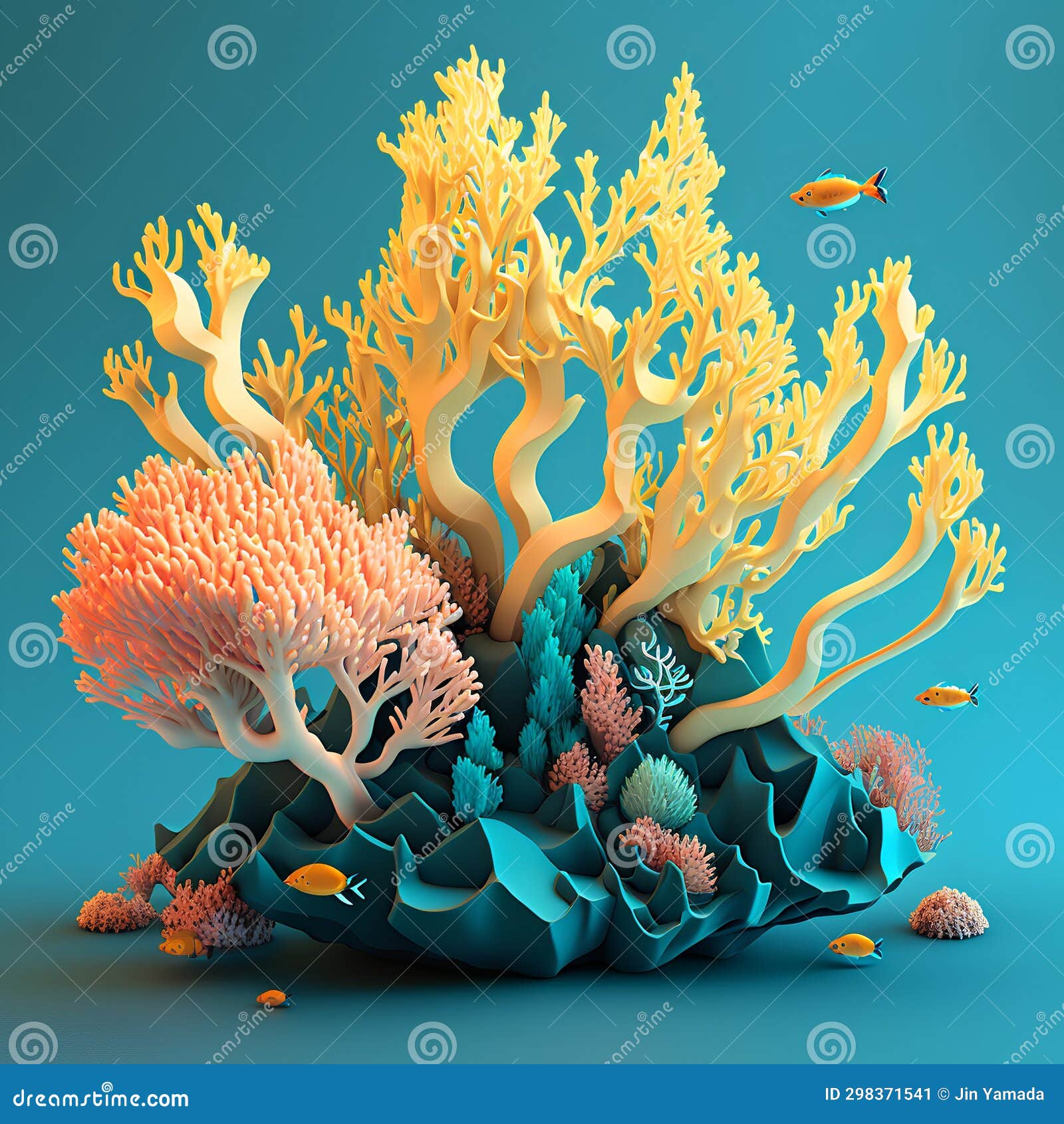 Coral Reef with Fish on Blue Background. 3D Illustration Stock ...