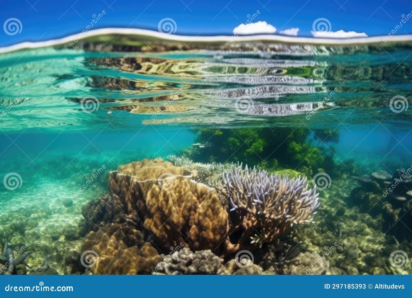 Coral Reef Reflected in Calm Water Surface from Below Stock ...