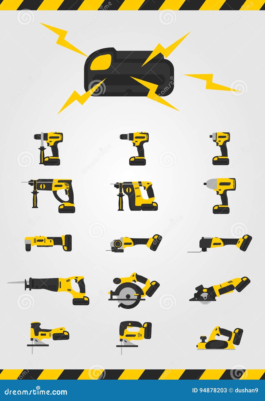 Cordless Power Tools In Action On Yellow Background Cartoon Vector ...