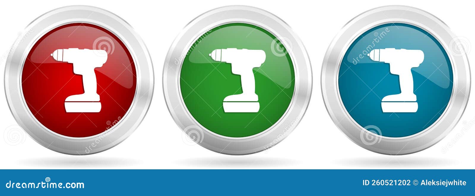 Cordless Screwdriver, Drill Vector Icon Set. Red, Blue and Green Silver ...