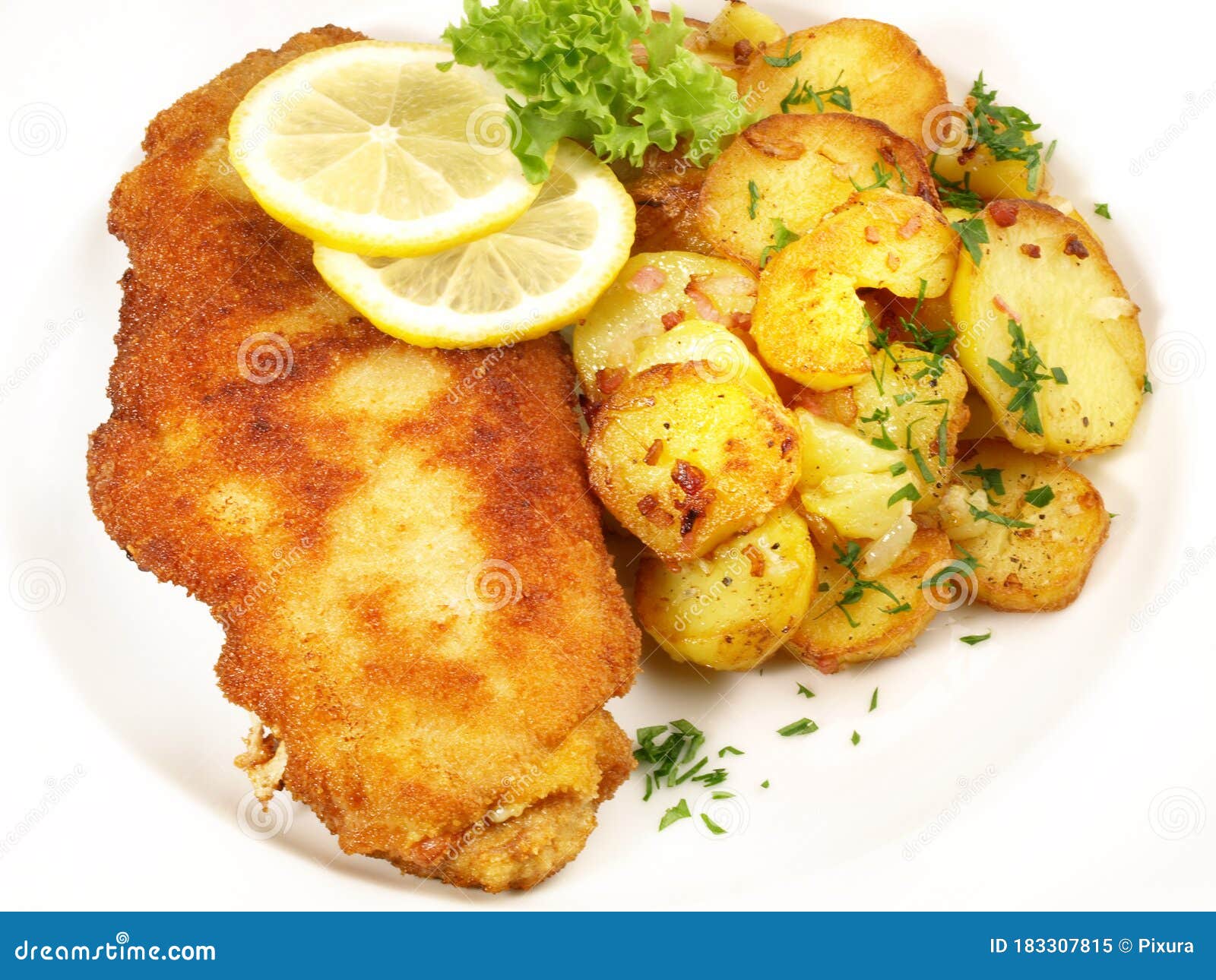 Cordon Bleu with Roast Potatoes - Cordon Bleu on White Background Stock ...