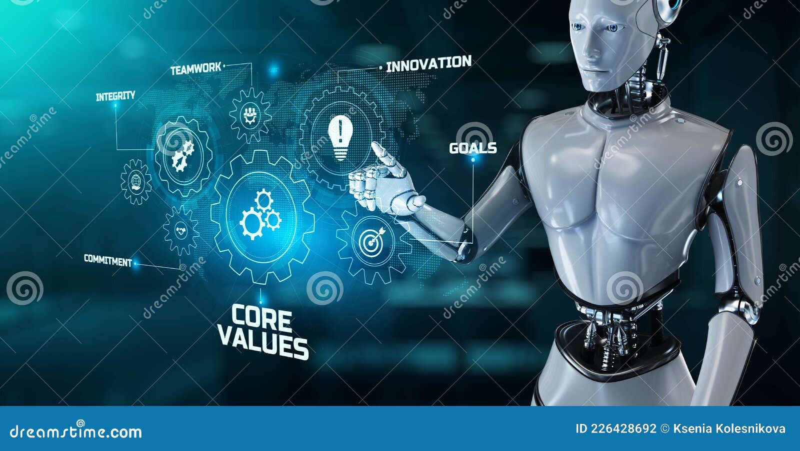 Core Value Innovation Technology. Robot Pressing Button on Screen 3d ...