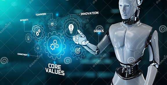 Core Value Innovation Technology. Robot Pressing Button on Screen 3d ...