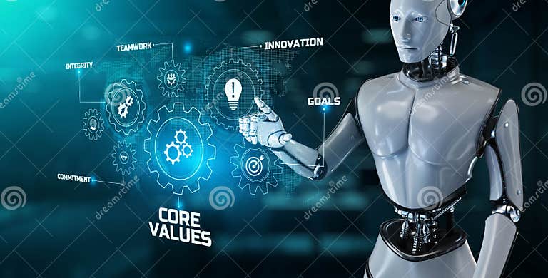 Core Value Innovation Technology. Robot Pressing Button on Screen 3d ...