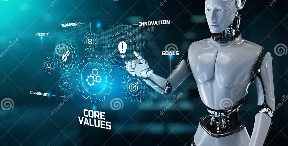 Core Value Innovation Technology. Robot Pressing Button on Screen 3d ...