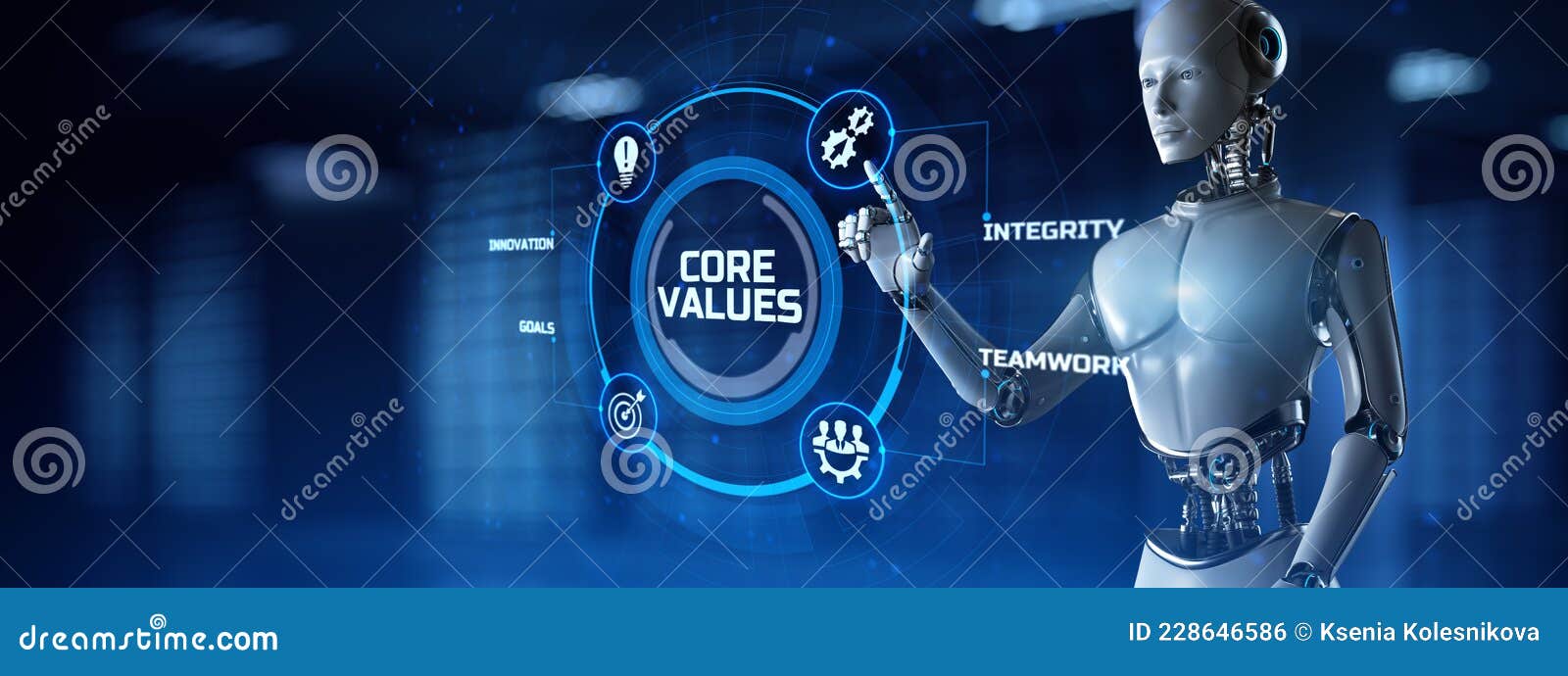 Core Value Innovation Technology. Robot Pressing Button on Screen 3d ...