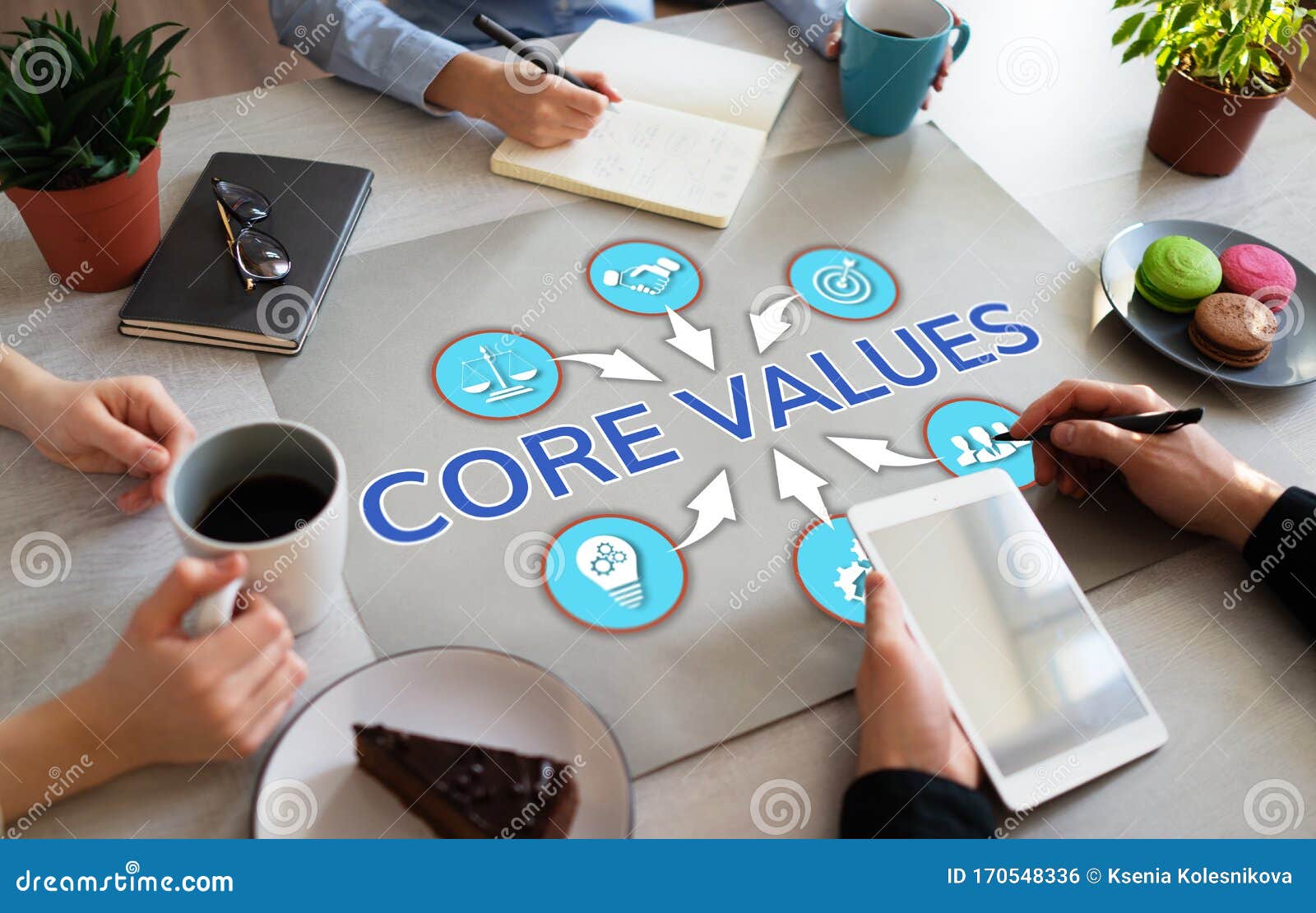 Core Values. Business People Teamwork in Office. Wooden Table Top View ...