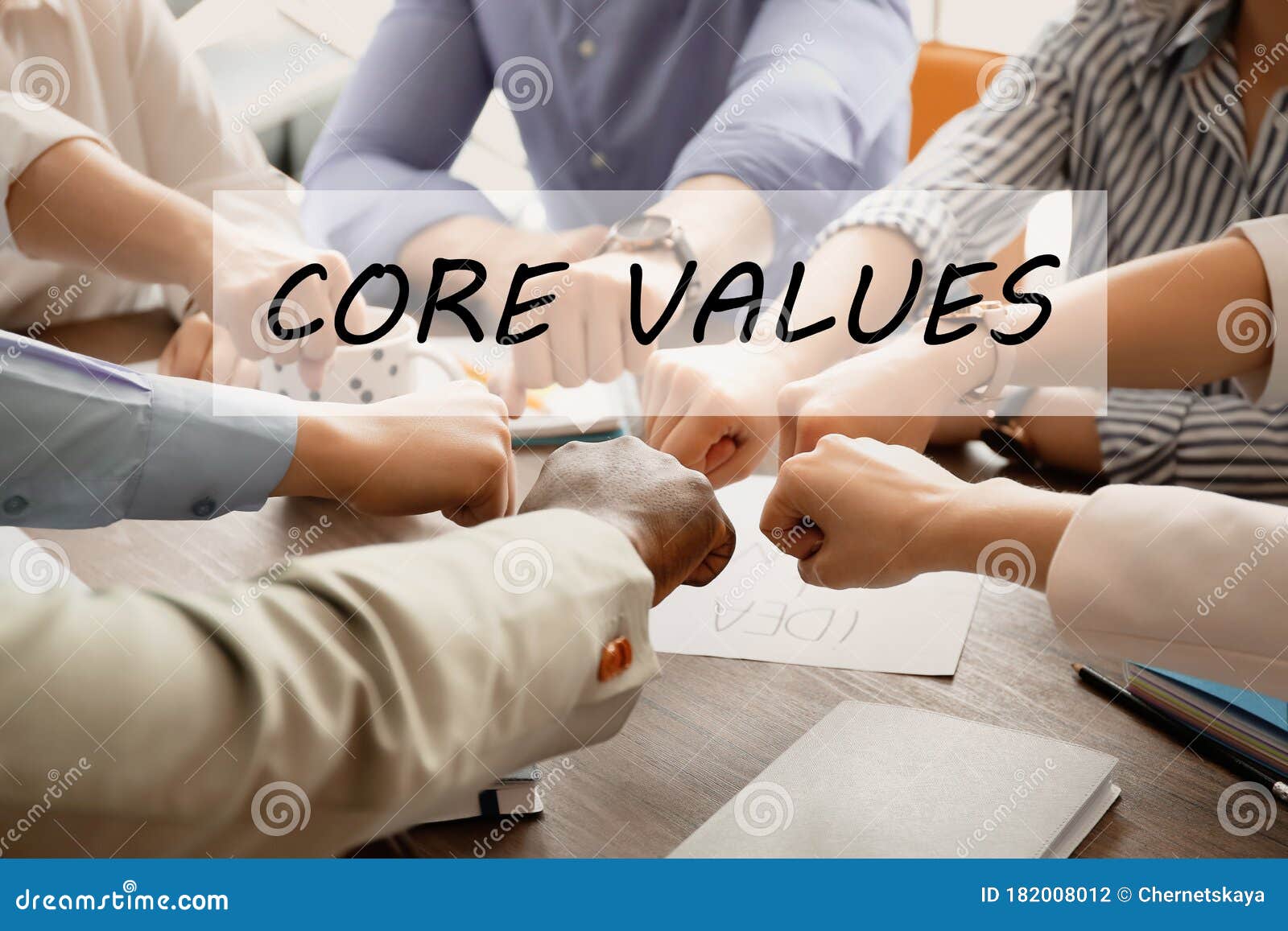 Core Values Concept. People Putting Hands at Table, Closeup Stock Photo ...