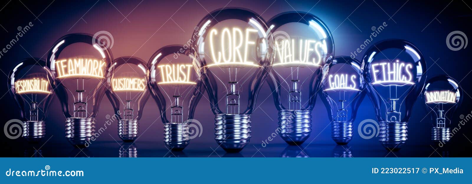 Core Values Concept - Shining Light Bulbs - 3D Illustration Stock ...