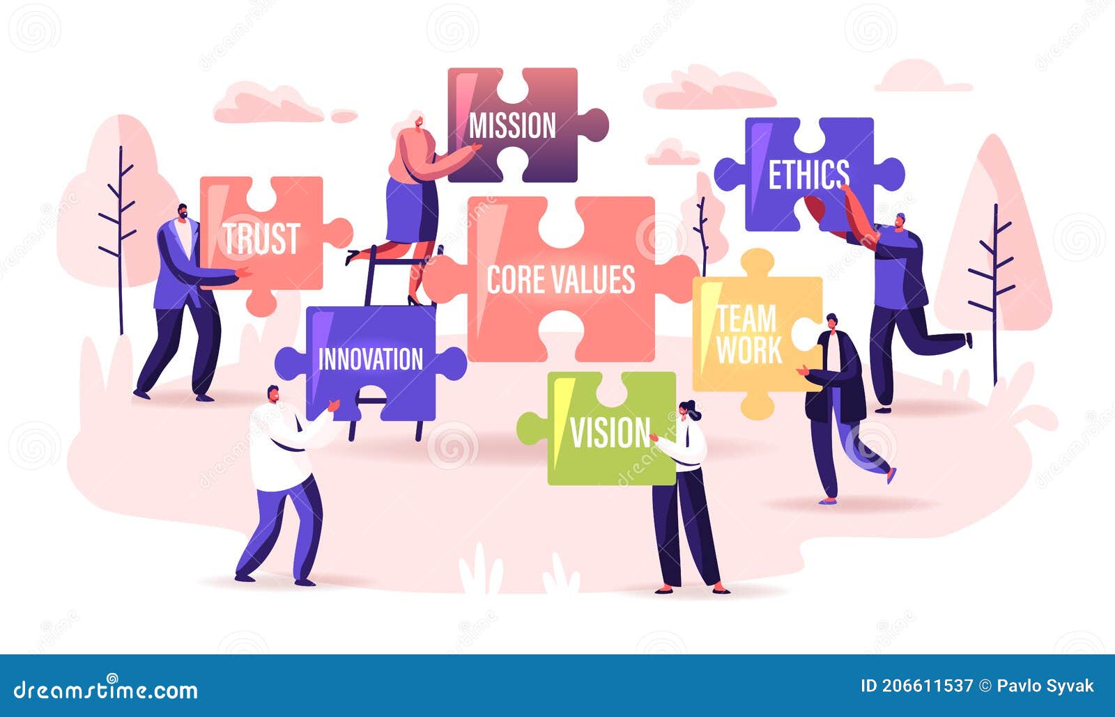 Core Values Concept. Tiny Businesspeople Characters Holding Huge Puzzle ...