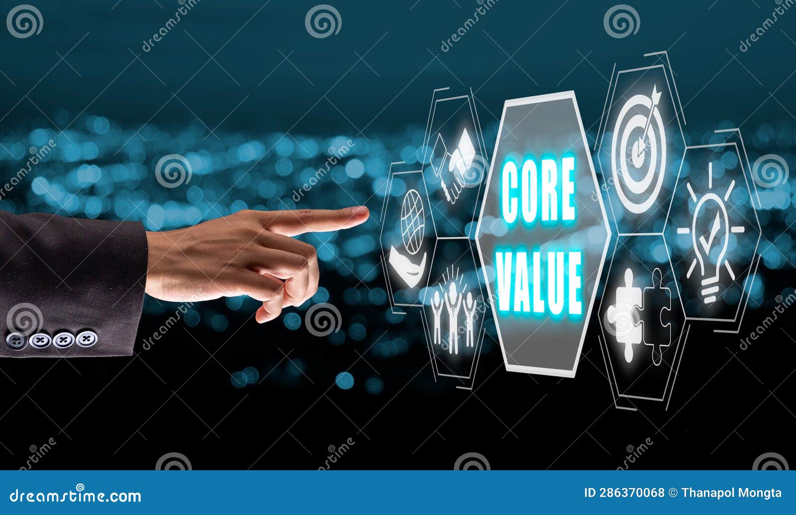 Businessman Hand Touching Core Values Icon on Virtual Screen Stock ...