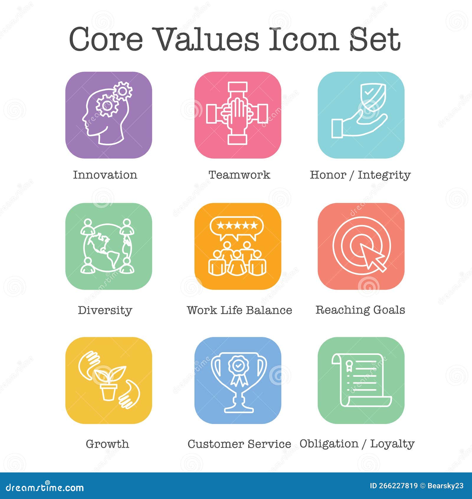 Core Values Icon Set with Teamwork, Work Life Balance with Diversity ...