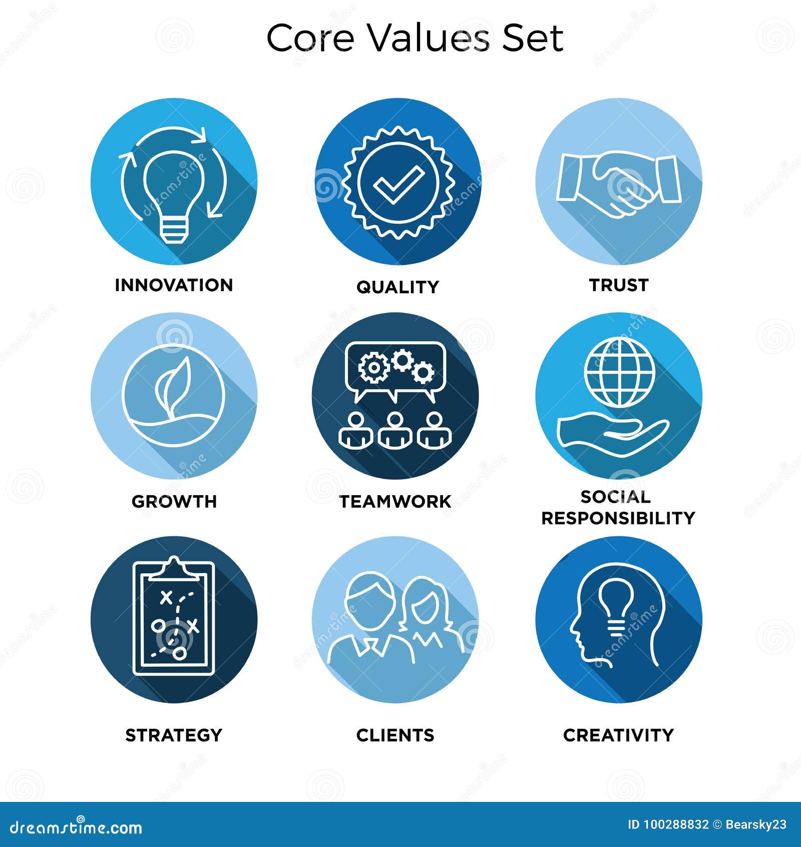 Core Values - Mission, Integrity Value Icon Set with Vision, Hon Stock ...