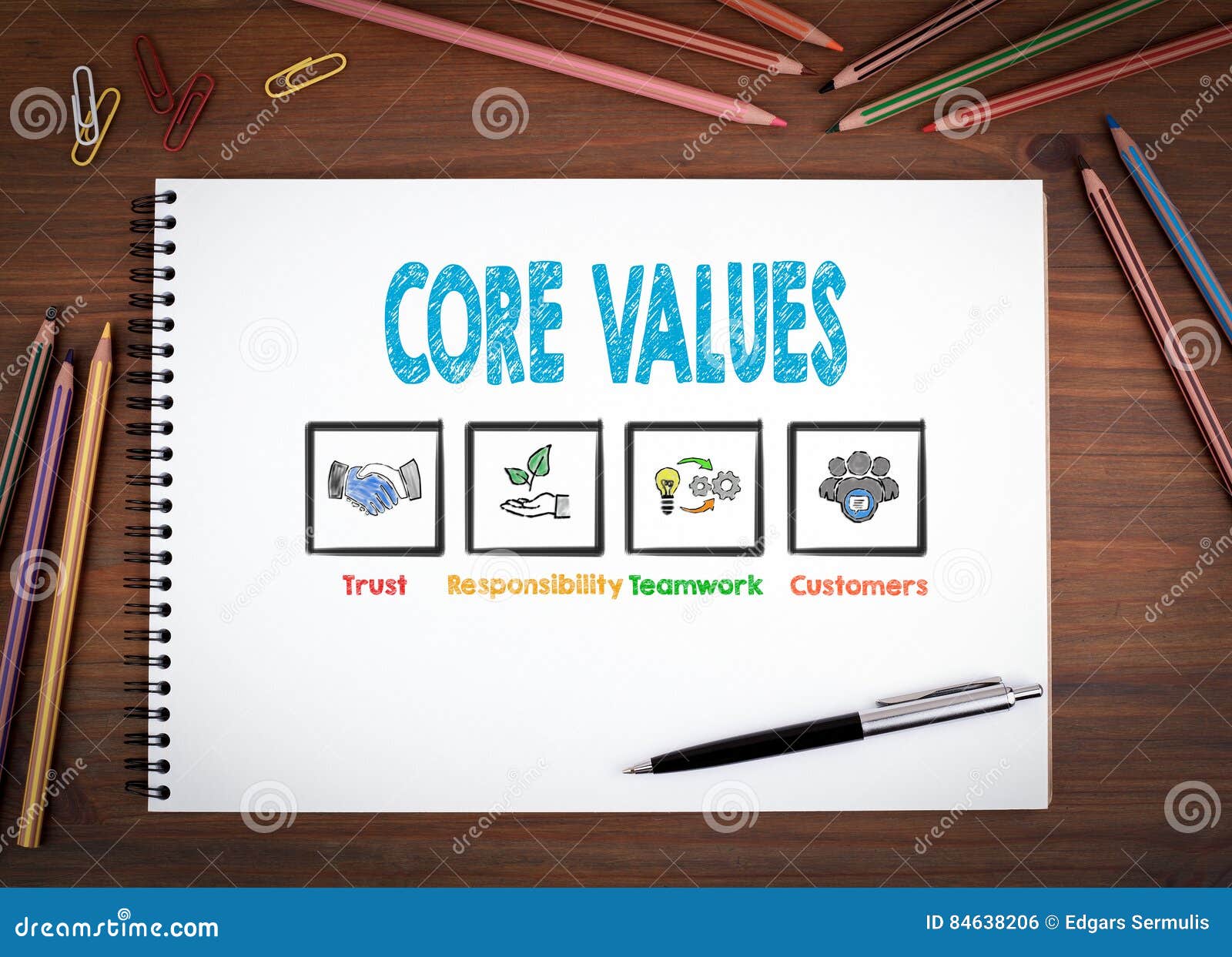Core Values. Notebooks, Pen and Colored Pencils on a Wooden Table Stock ...