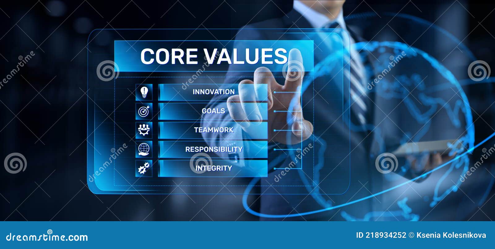 Core Values Responsibility Innovation. Businessman Pressing Button on ...