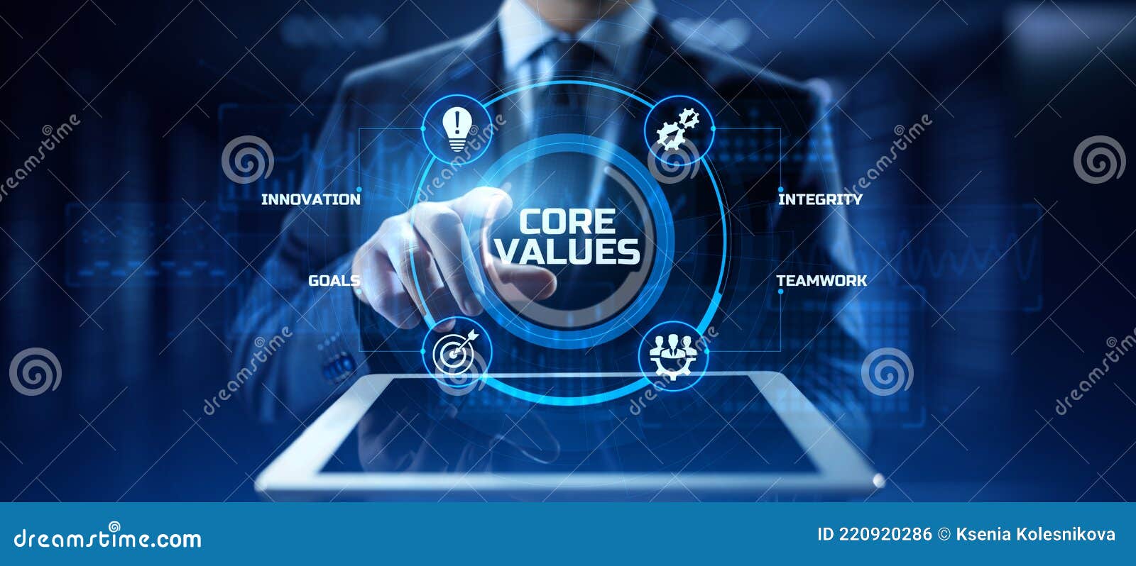 Core Values Responsibility Innovation. Businessman Pressing Button on ...