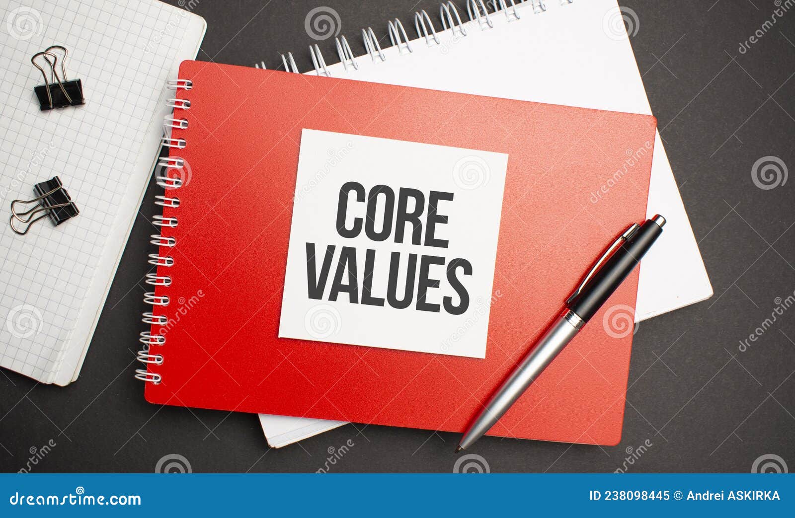 Core Values Sign on Sheet of Paper on the Red Notepad with Pen Stock ...