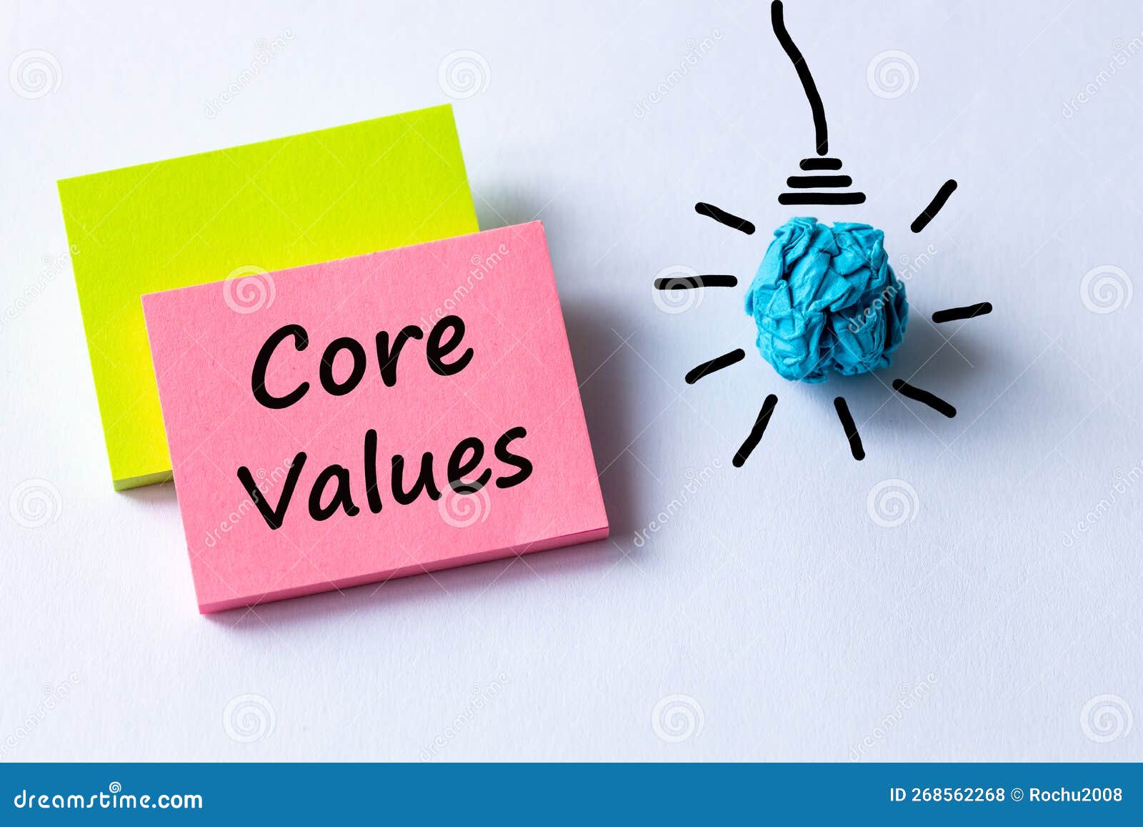 The Core Values Text on Colored Sticky Notes Next To the Light Bulb ...