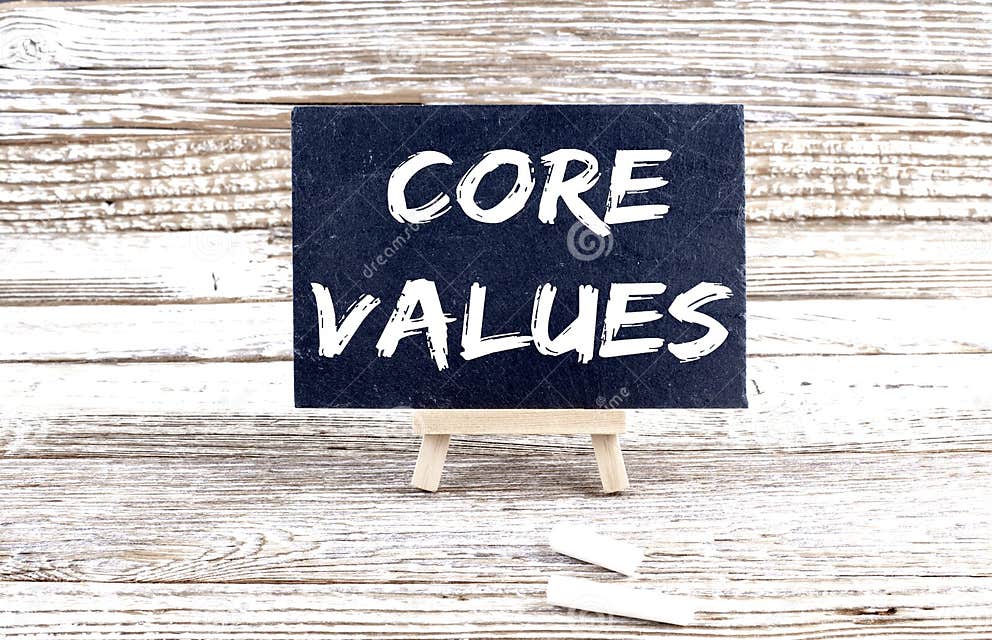 CORE VALUES Text on the Miniature Chalkboard on Wooden Background Stock ...
