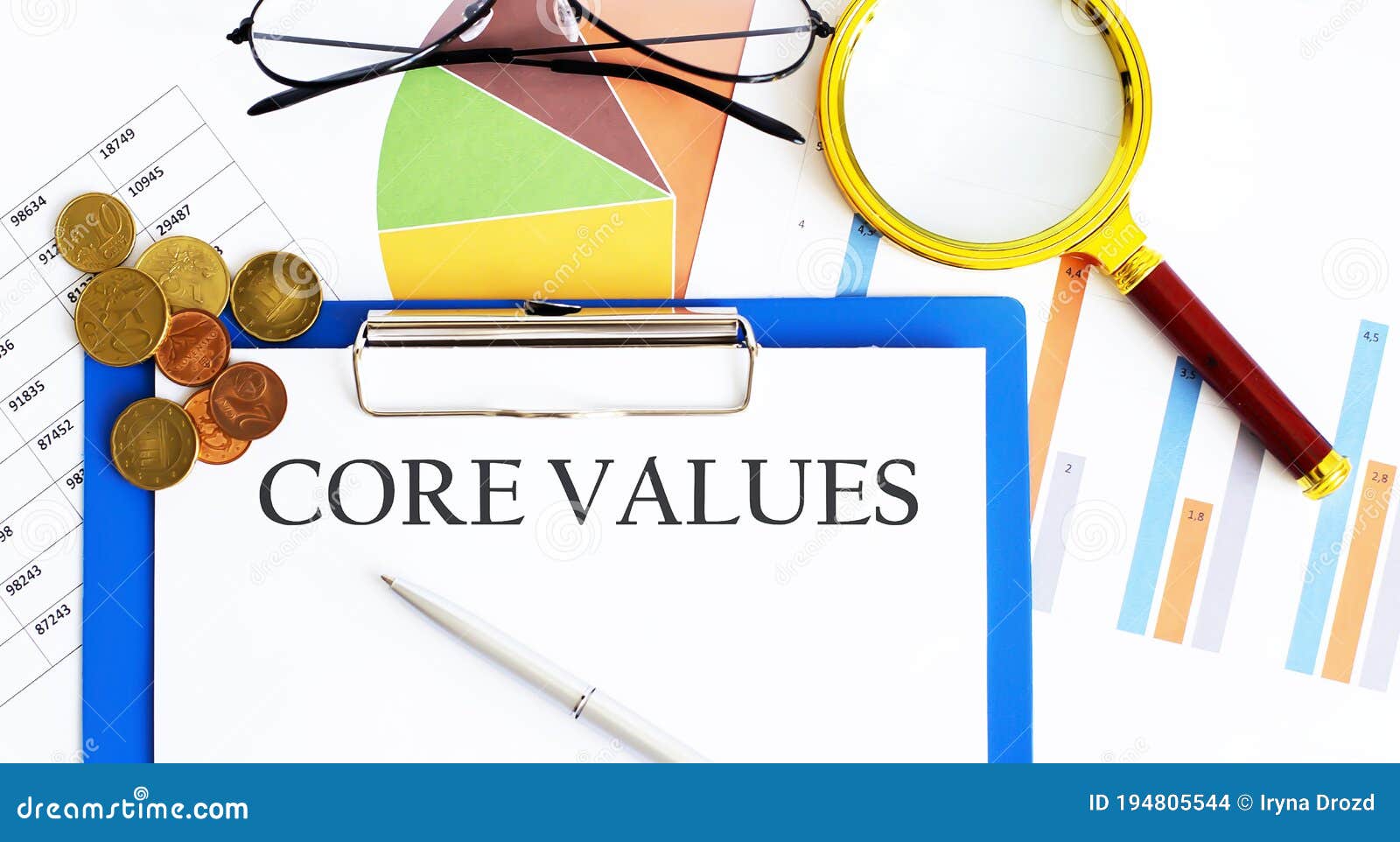 Core Values Text on Paper Sheet with Magnifying Glass on Chart Stock ...