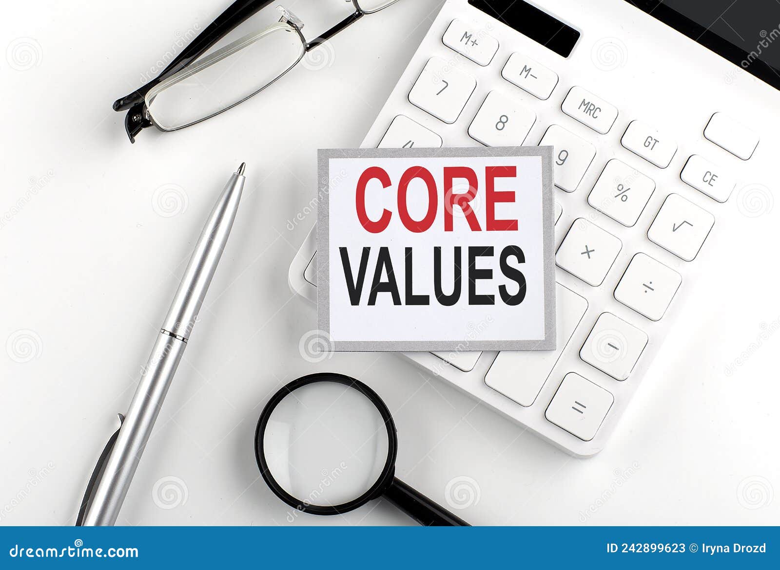 CORE VALUES Text on the Sticker with Calculator, Glasses and Magnifier ...