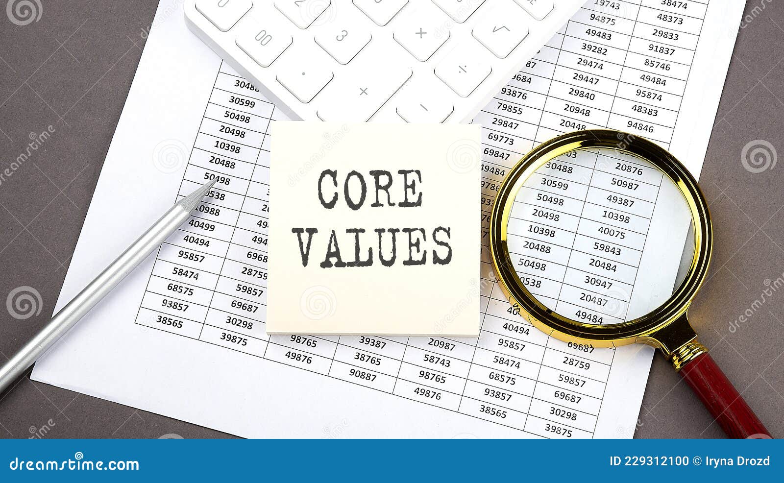 CORE VALUES Text on Sticker on the Chart ,with Calculator and Magnifier ...