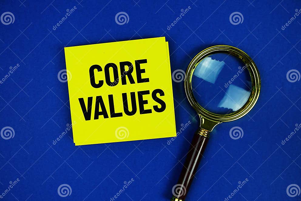 Core Values Text on Sticky Note with Magnifying Glass on Blue ...