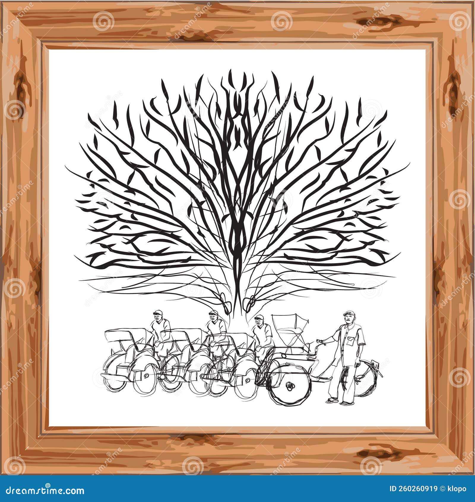 Free Hand Drawing Illustration of a Rickshaw Driver Under a Tree ...