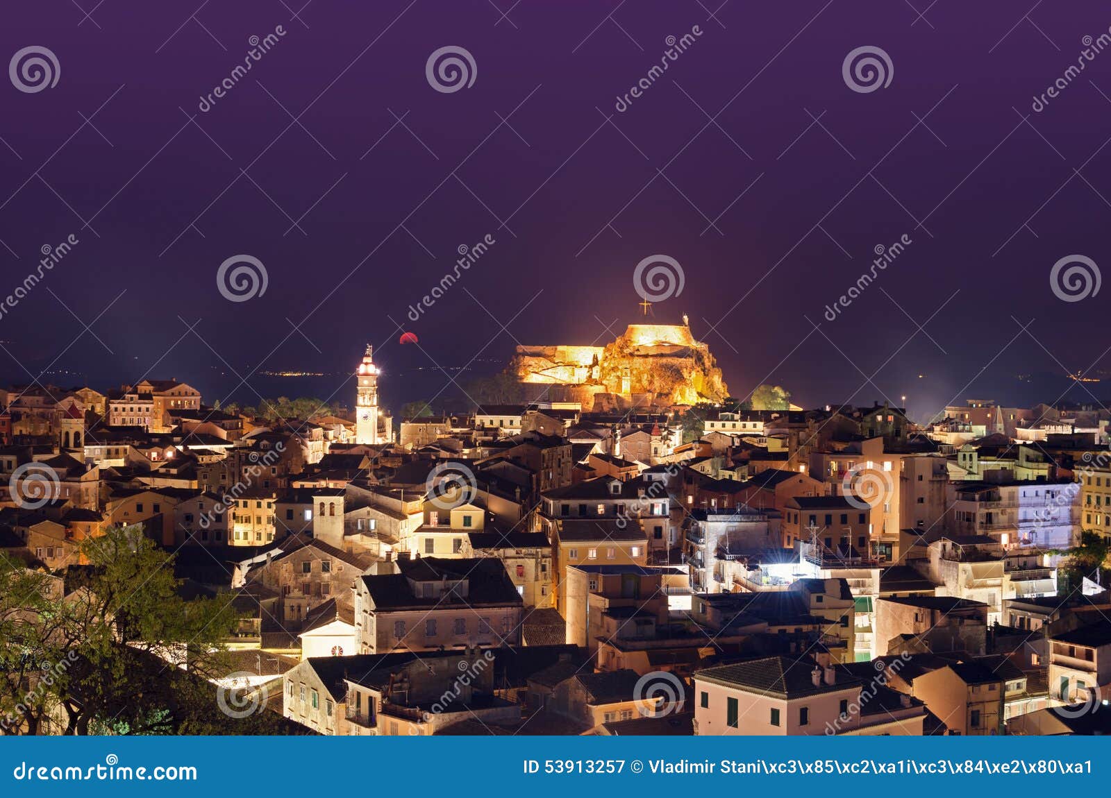 Corfu night landscape stock image. Image of city, buildings - 53913257