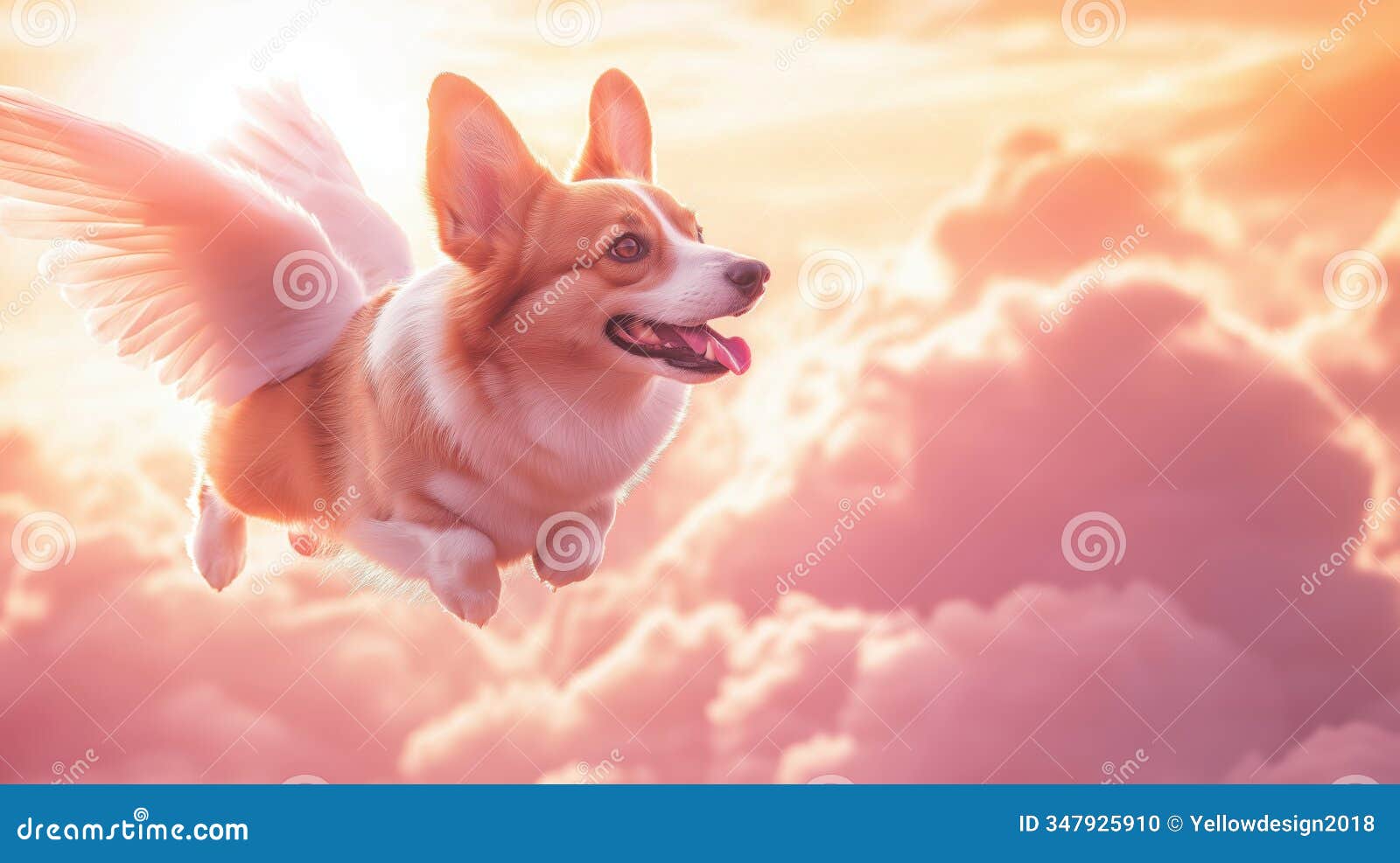 Corgi with Angel Wings Flying in a Sunset Sky with Fluffy Clouds Stock ...