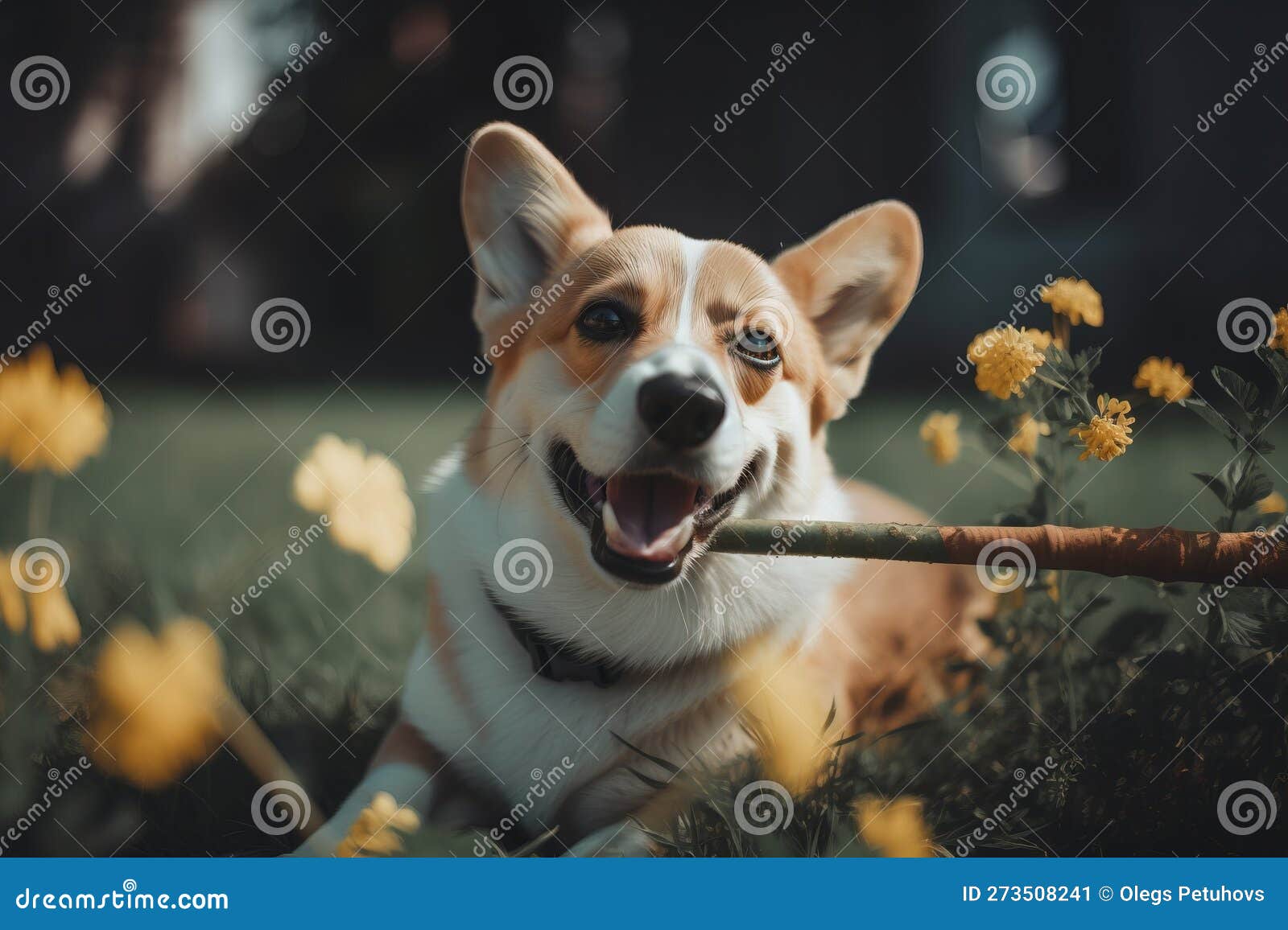 A Corgi Dog Chewing on a Stick in a Field of Flowers Stock Illustration ...