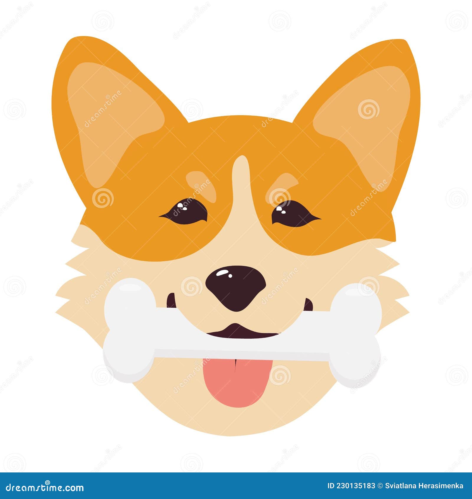Corgi Dog Head with Bone in Mouth. Vector Flat Illustration. Stock ...