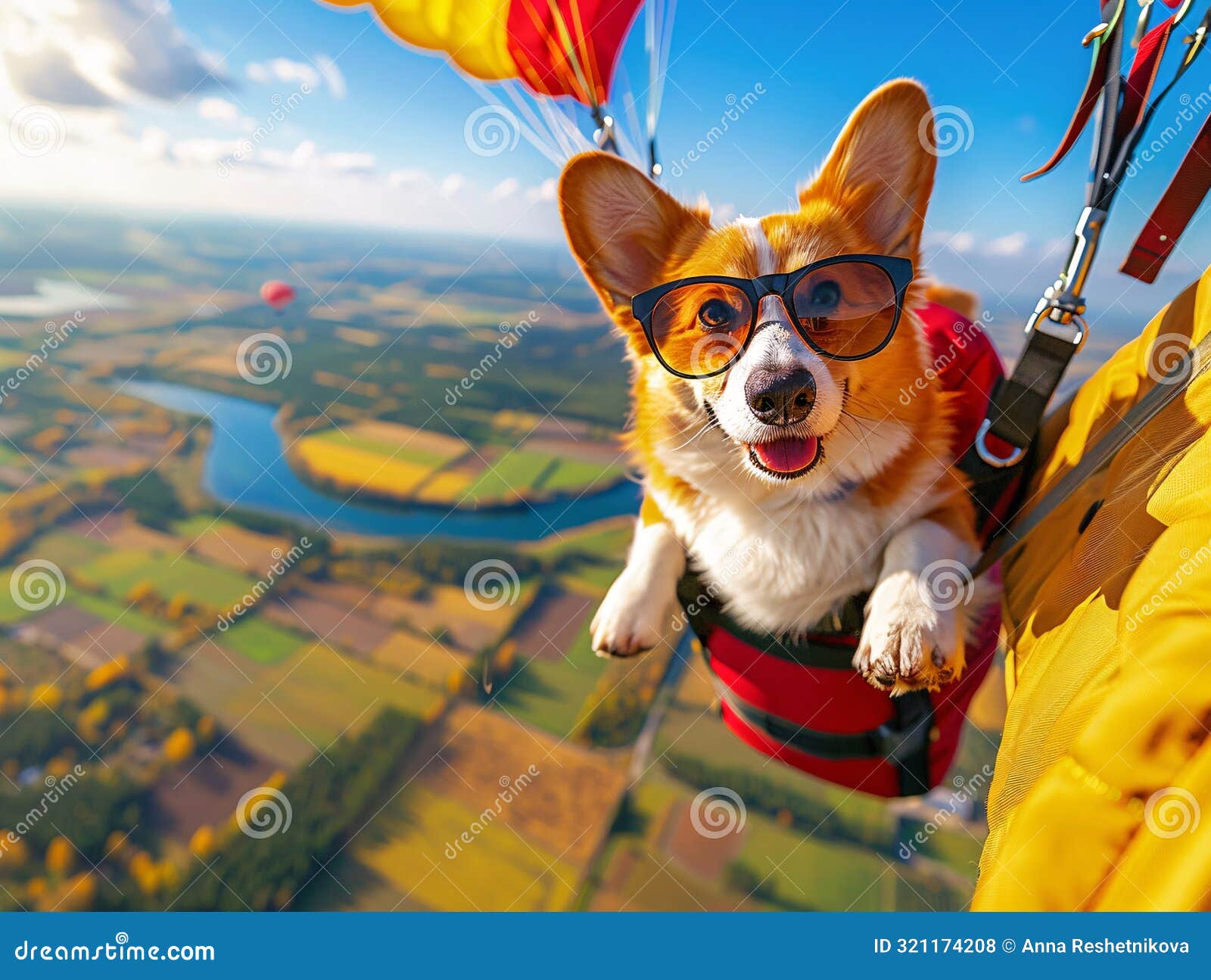 Corgi Dog Makes a Parachute Jump. Artificial Intelligence. Stock Photo ...