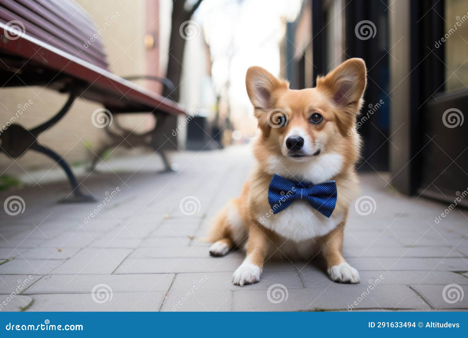 A Corgi Wearing a Navy Bow Tie, on a City Sidewalk Stock Photo - Image ...