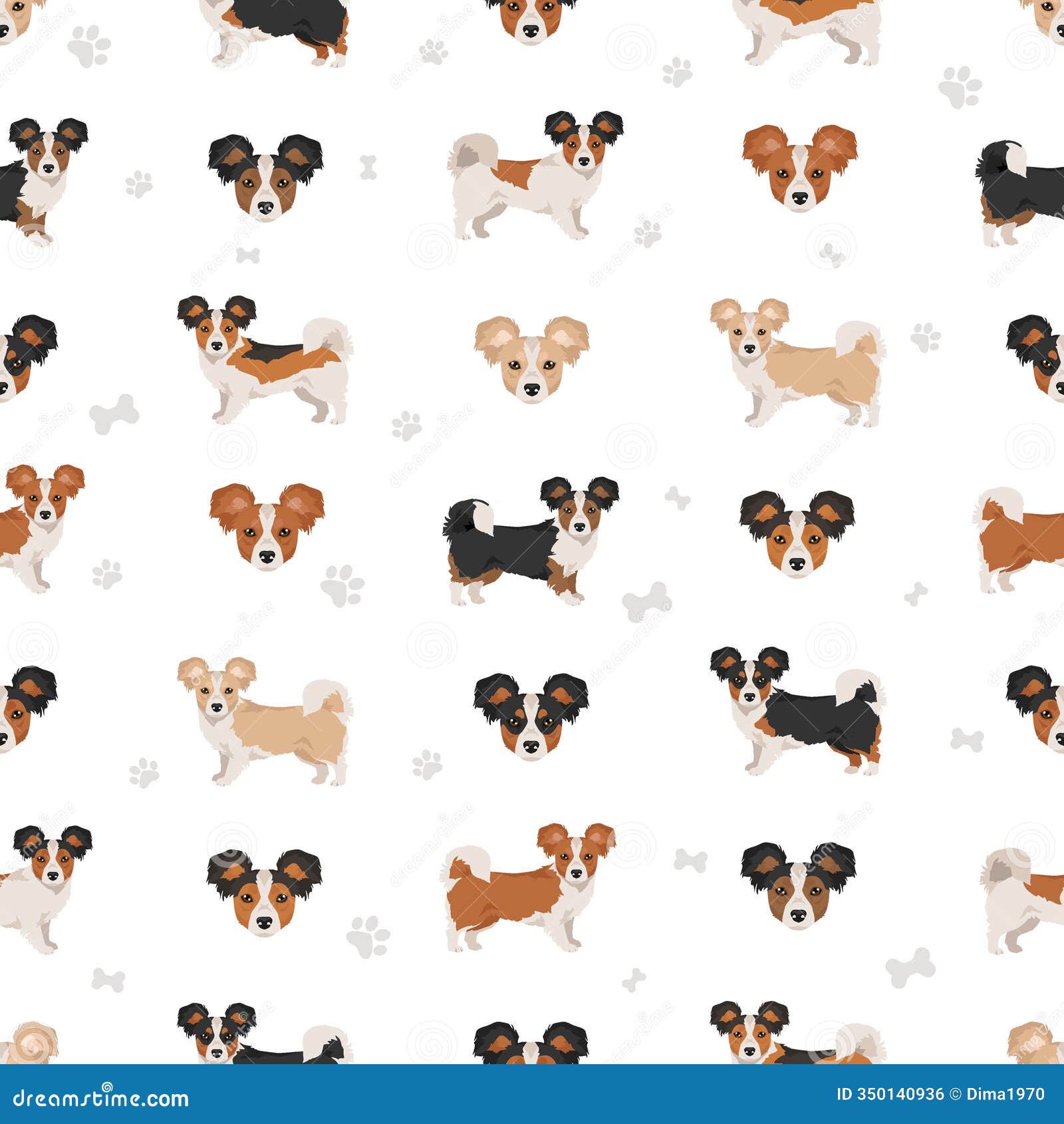 Corillon Dog Seamless Pattern. Welsh Corgi Papillon Mix Stock Vector ...