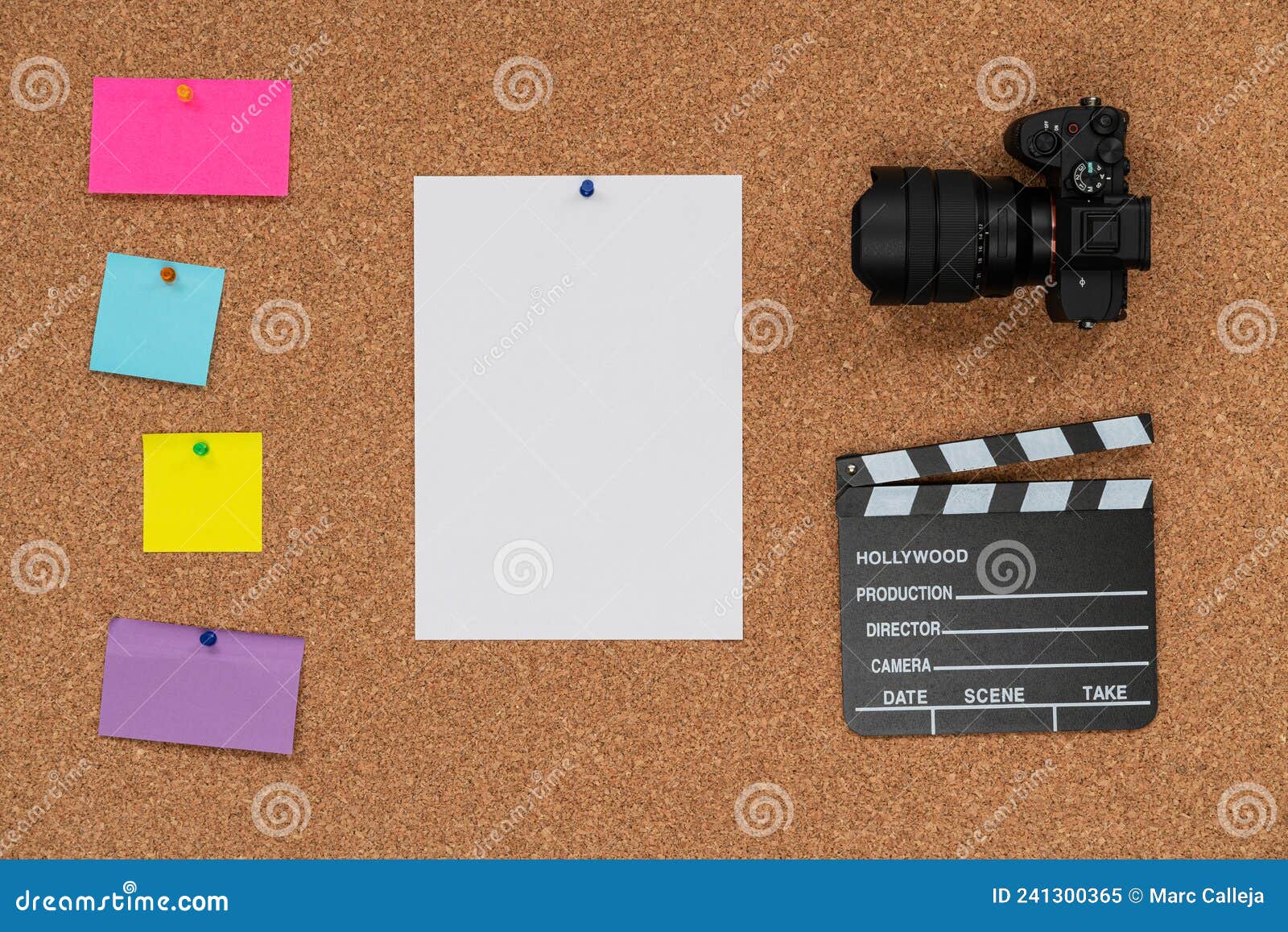 Cork Board Background with a Clapboard and a Cinema Camera and Color ...