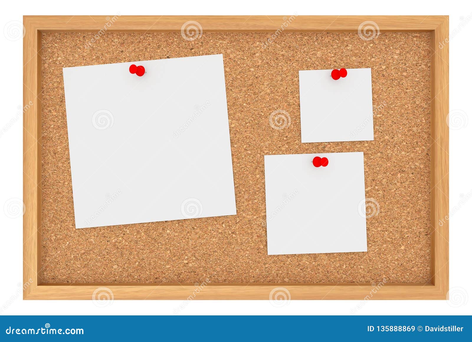Cork Board with Three Blank Sheets of Paper Isolated on White ...