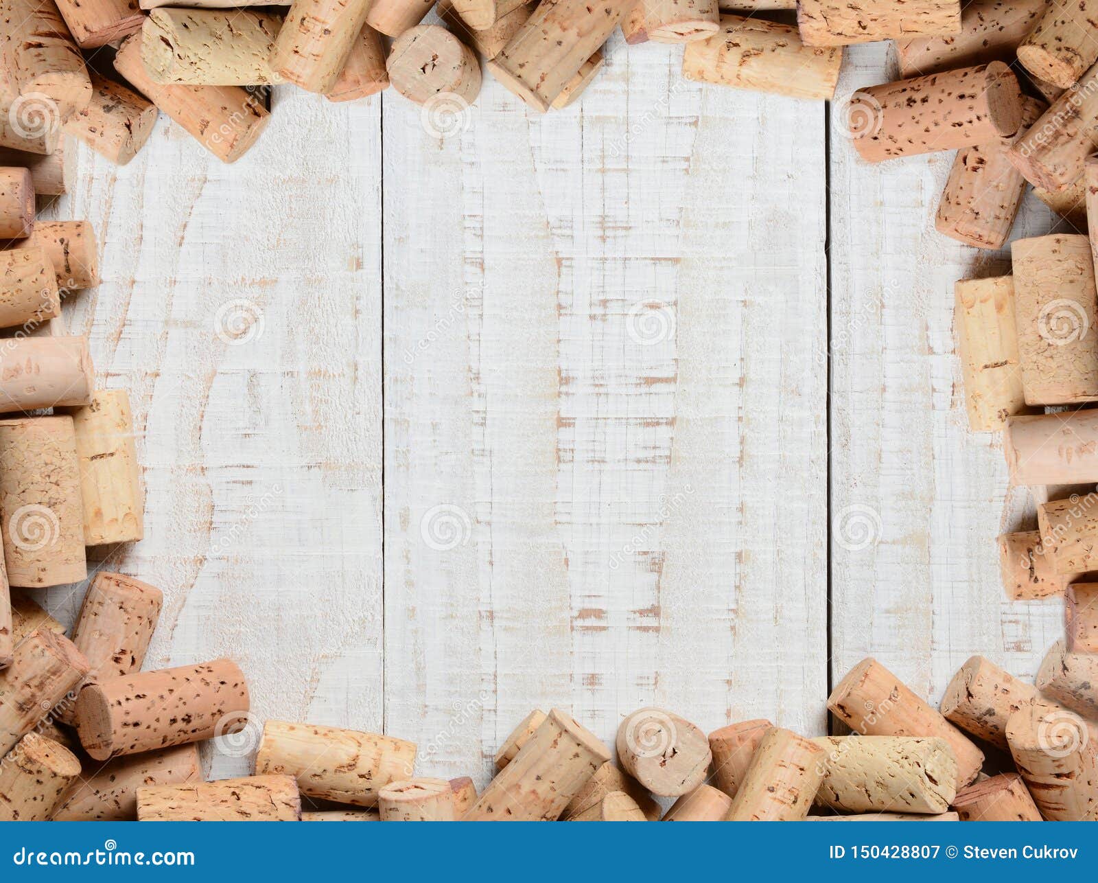 Cork Frame: High Angle Shot on a Rustic Whitewashed Wood Table Stock ...