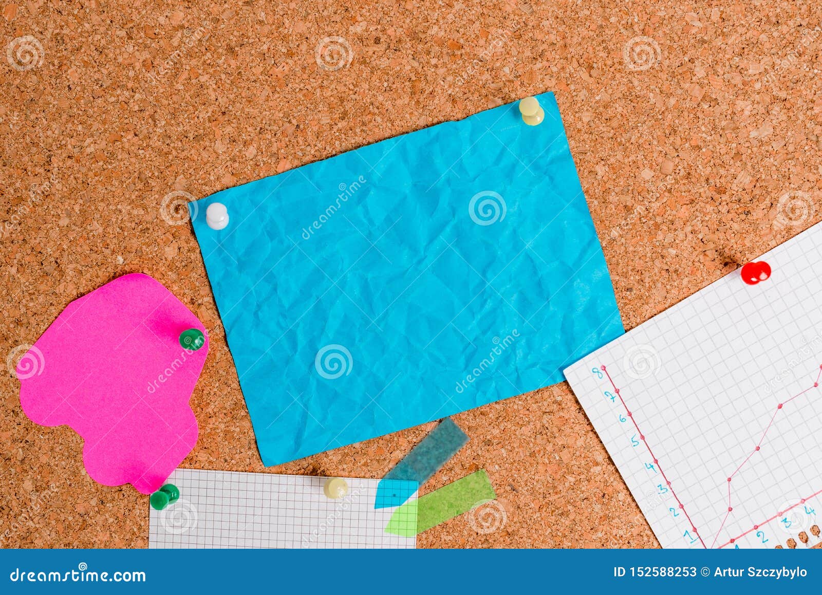 Corkboard with Different Color and Size Papers Fixed by a Pin ...