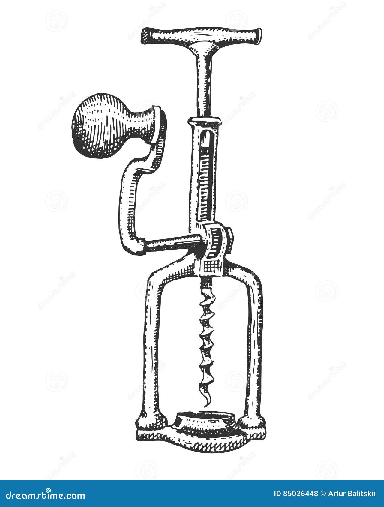 Corkscrew Isolated on White Hand Drawn Engraved Illustration in Vintage ...