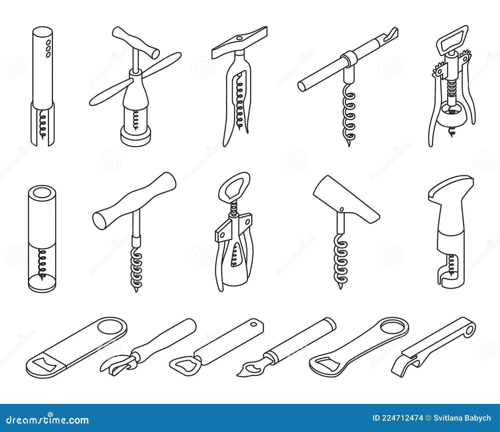 Corkscrew Vector Outline Set Icon.Isometric Set Icon Opener for Bottle ...