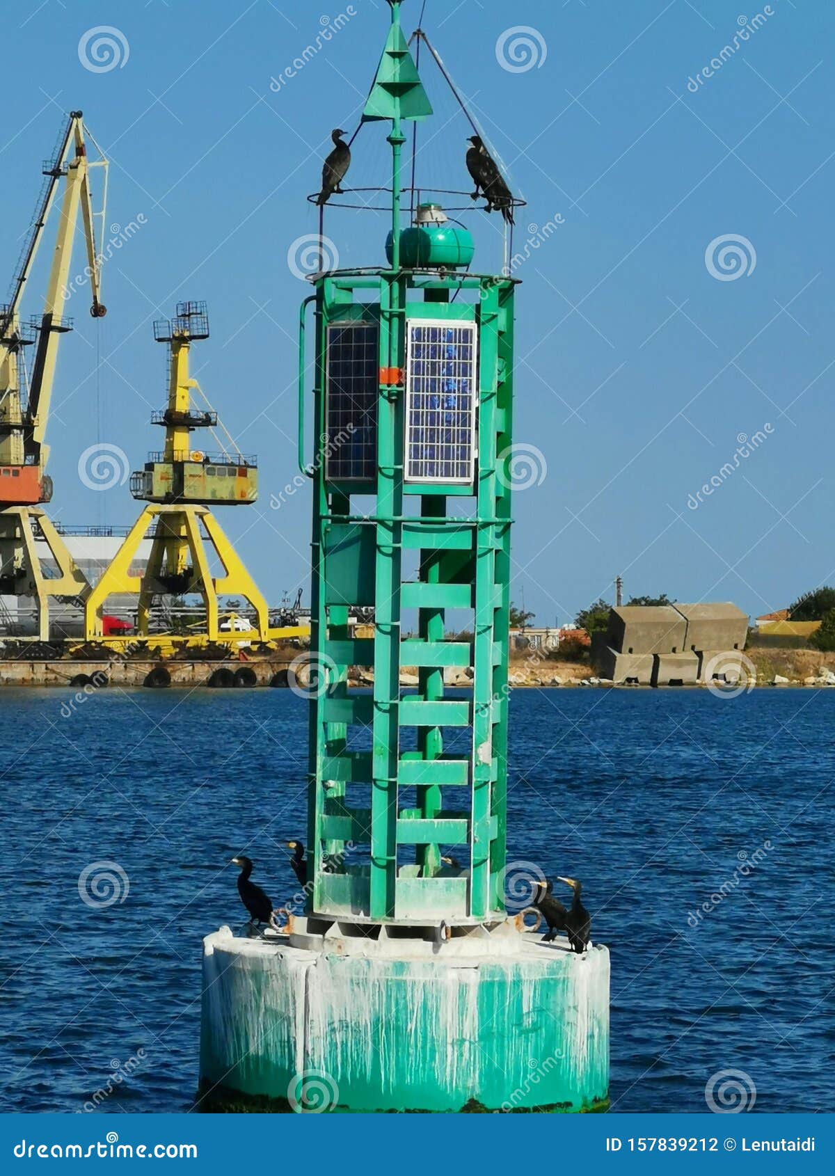 Cormorants on Green Beacon with Solar Panel Stock Photo - Image of ...