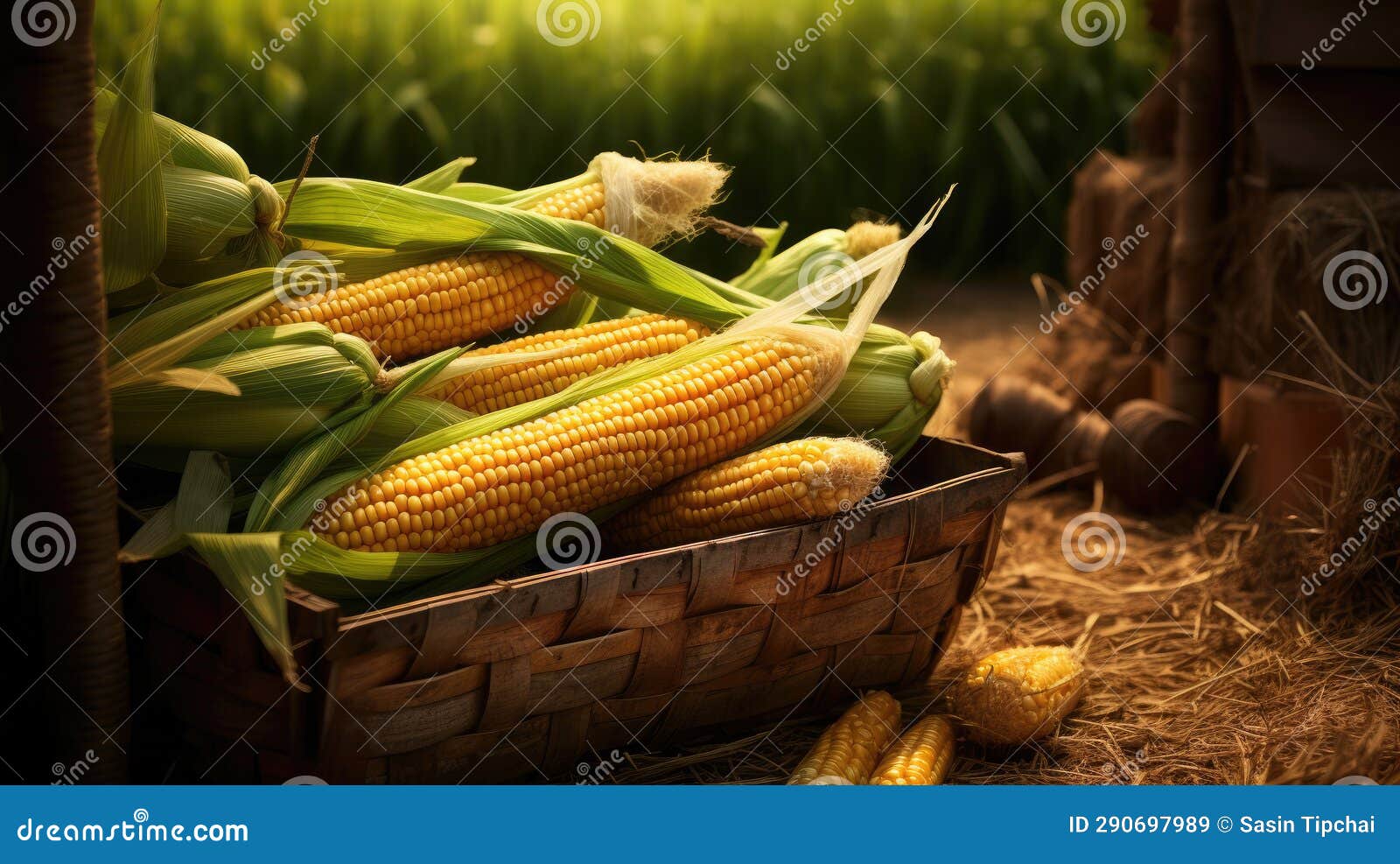 Corn on a Basket in the Field with Mature Corn Cobs Lying on the Ground ...