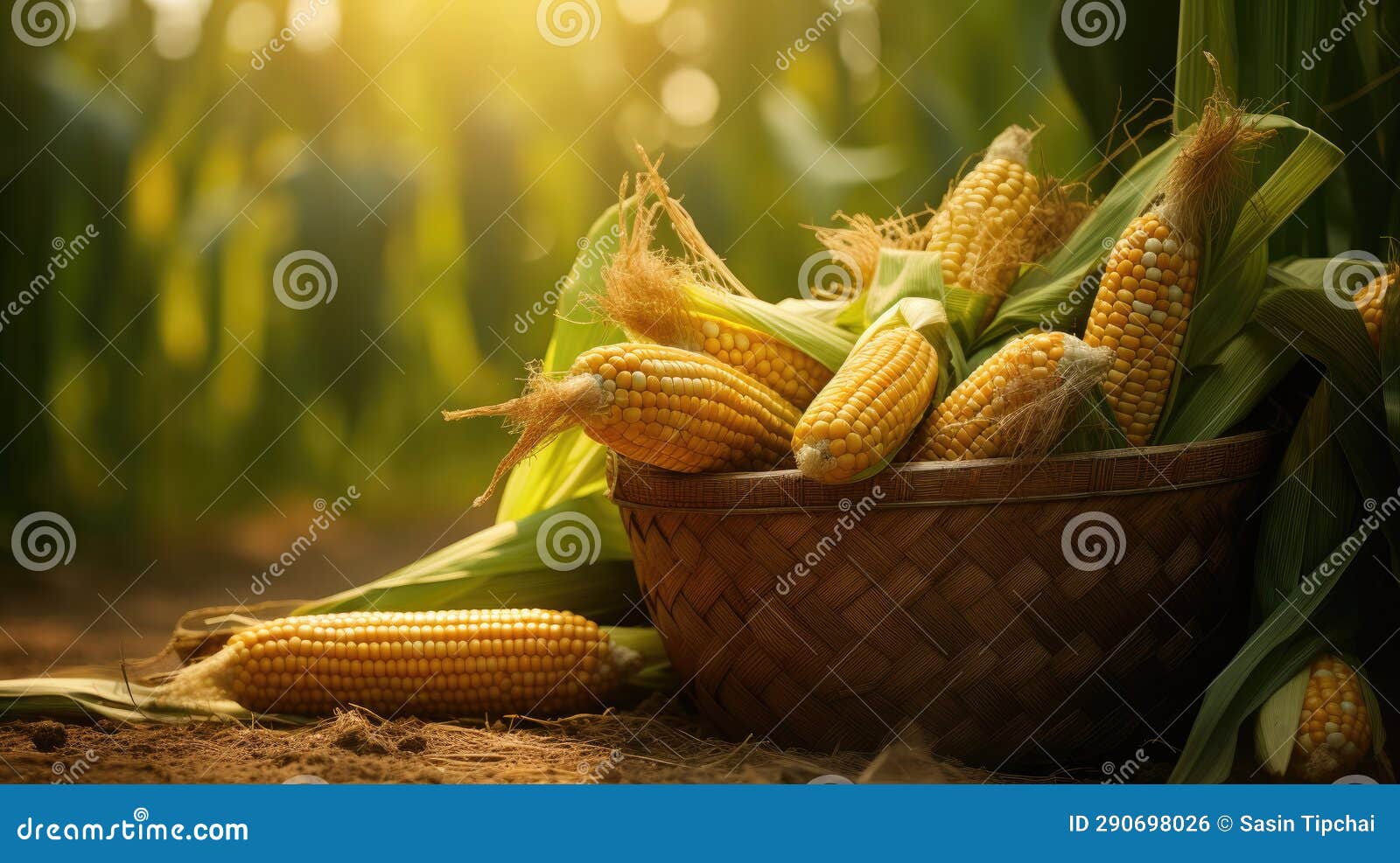 Corn on a Basket in the Field with Mature Corn Cobs Lying on the Ground ...