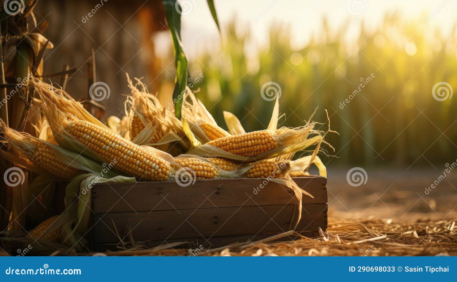 Corn on a Basket in the Field with Mature Corn Cobs Lying on the Ground ...