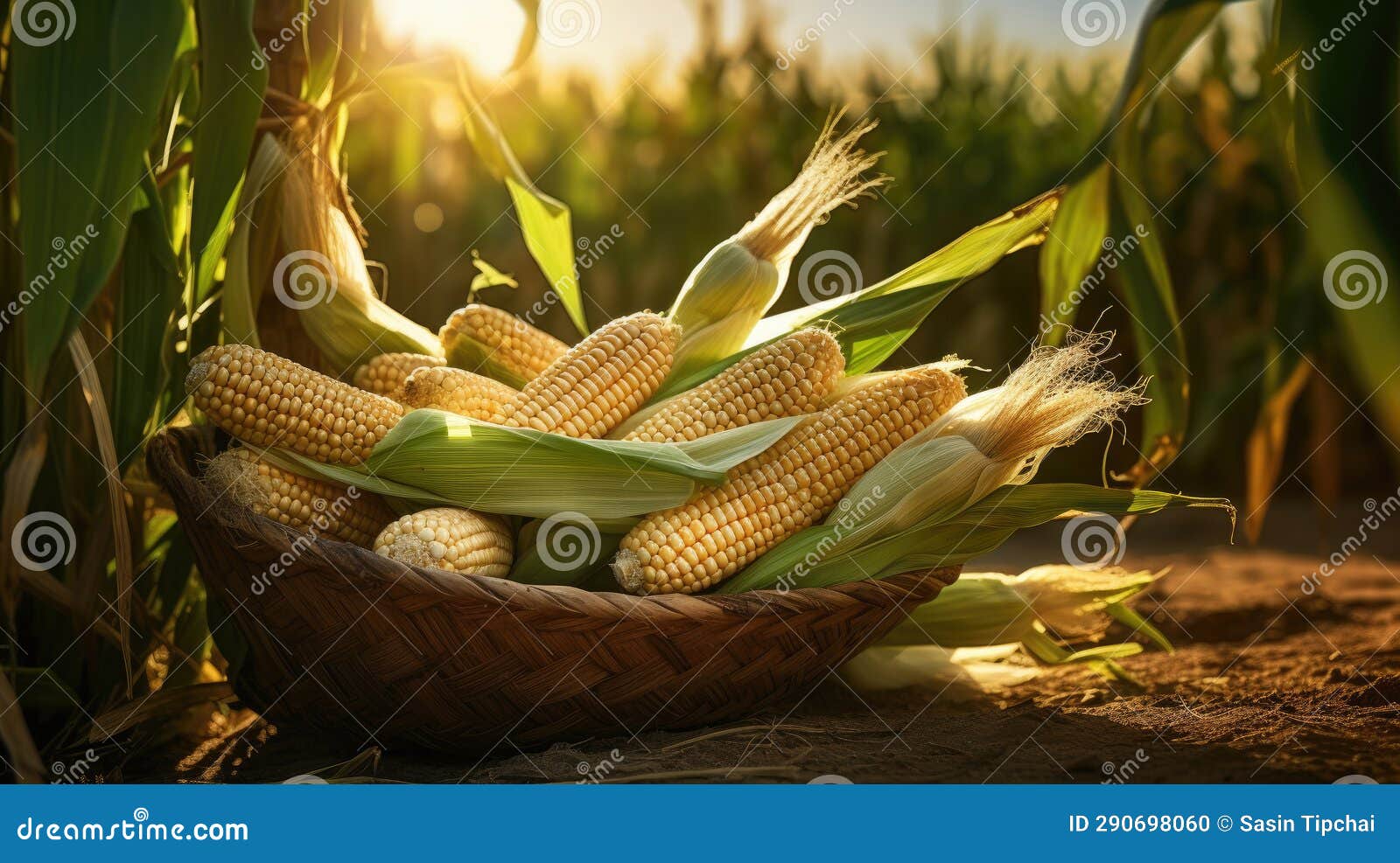 Corn on a Basket in the Field with Mature Corn Cobs Lying on the Ground ...