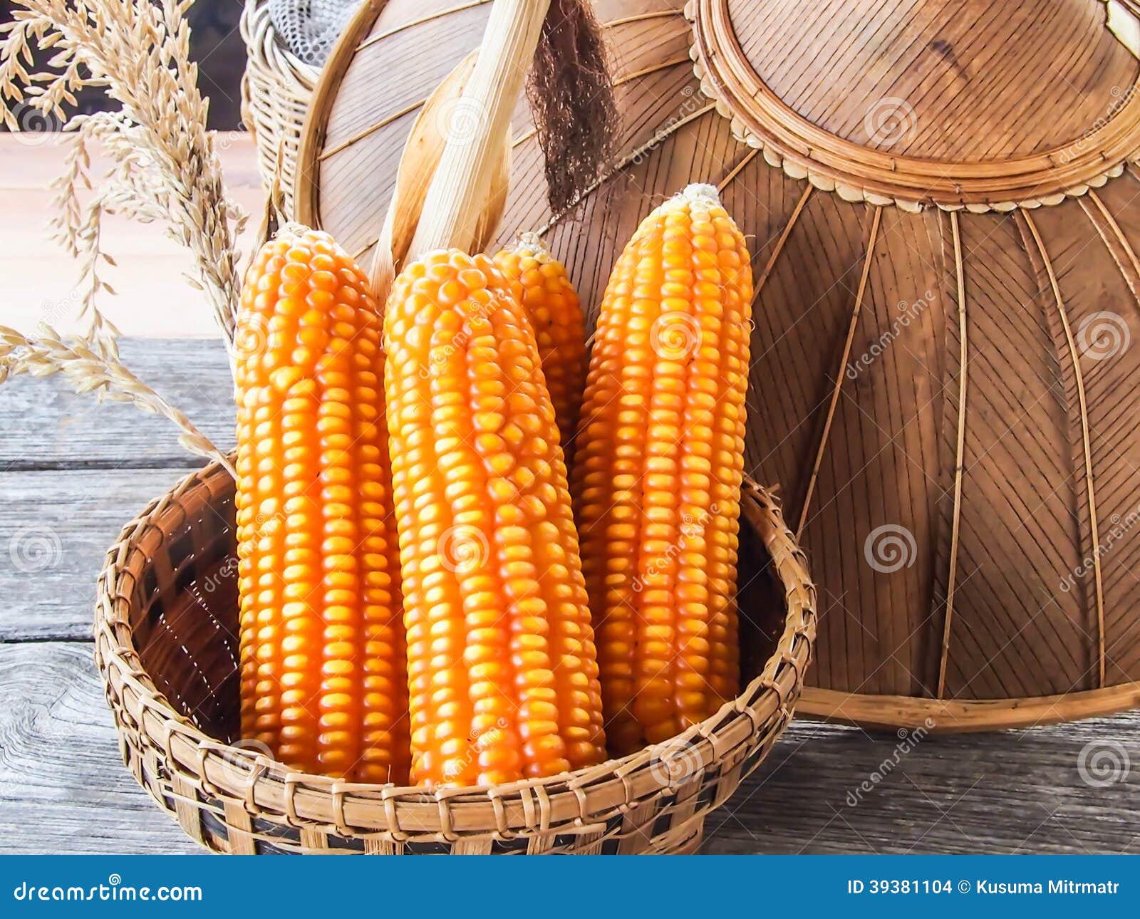 Corn in Basket, on Wooden Table Stock Photo - Image of kernels, heap ...