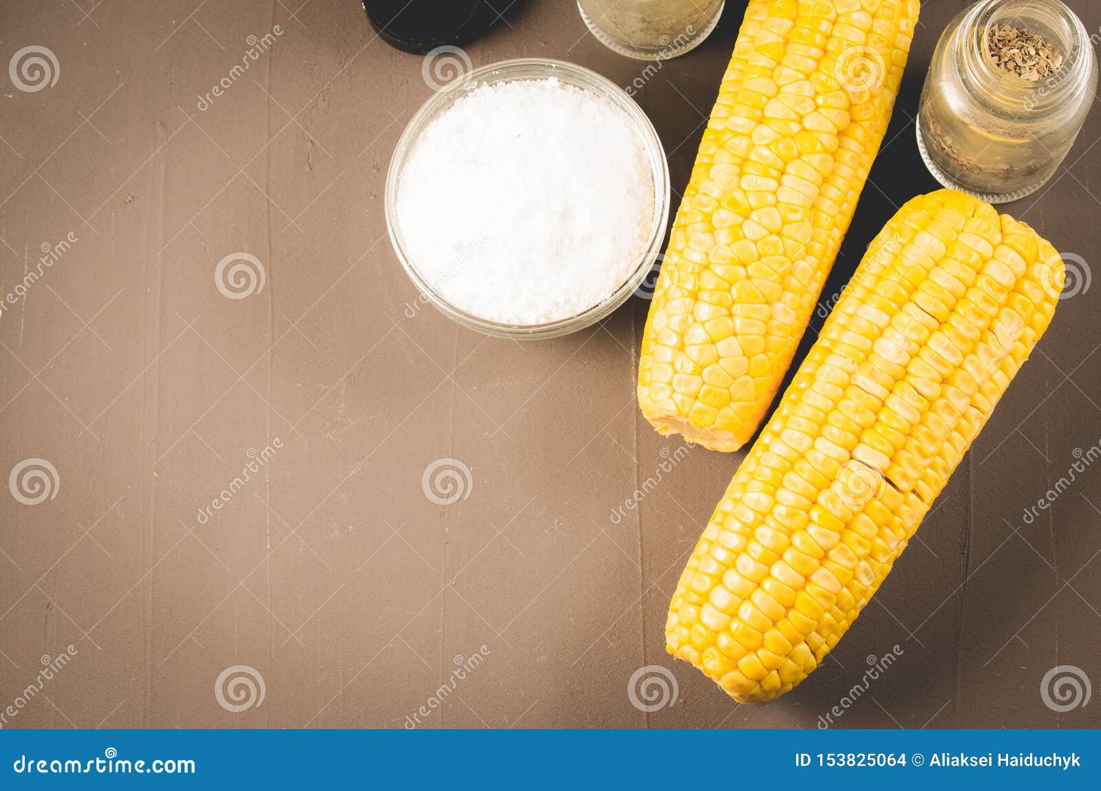 Corn. Boiled Corn with Salt and Seasonings on a Dark Table. Top View ...
