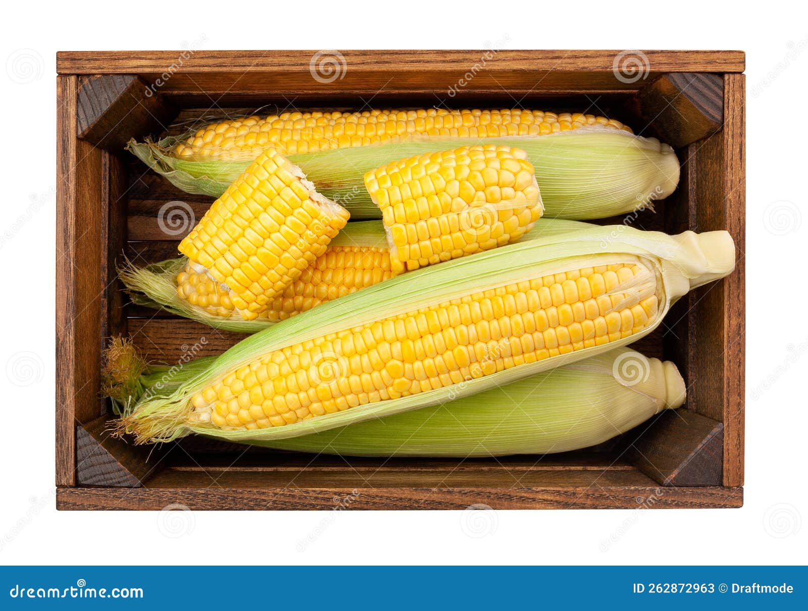 Corn in a box stock image. Image of isolated, yellow - 262872963